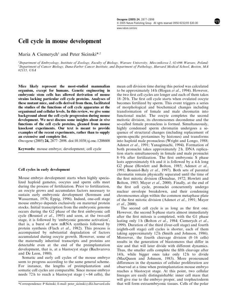 Cell Cycle in Mouse Development: Maria A Ciemerych and Peter Sicinski ...