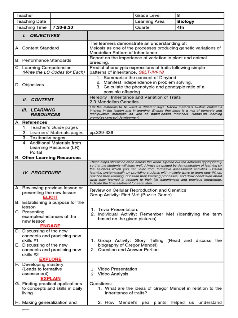 I. Objectives: (Write The LC Codes For Each) | PDF | Heredity | Learning