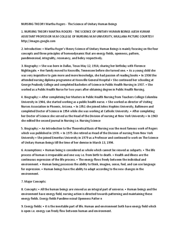 Martha Rogers' Unitary Human Beings Theory | PDF | Theory | Nursing