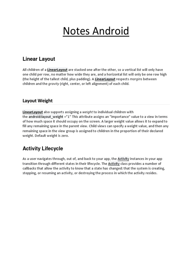 Notes Android Linear Layout Pdf Callback Computer Programming Mobile App