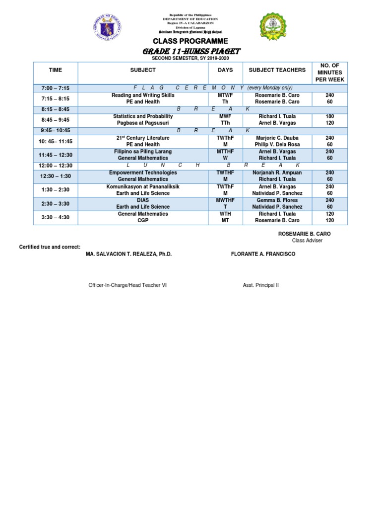 class-program-grade-11-HUMSS-1st-SEM-2ND QUARTER-SY-2019-2020 | PDF ...