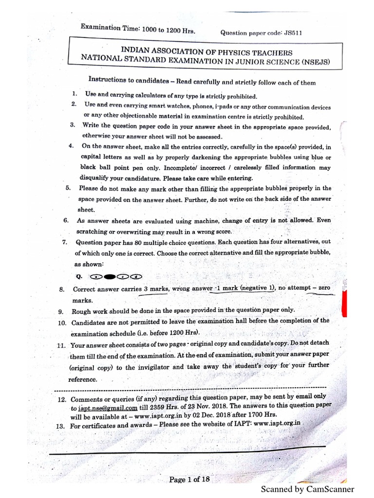 NSEJS 2018-19 Question Paper With Answer Keys and Solutions PDF | PDF