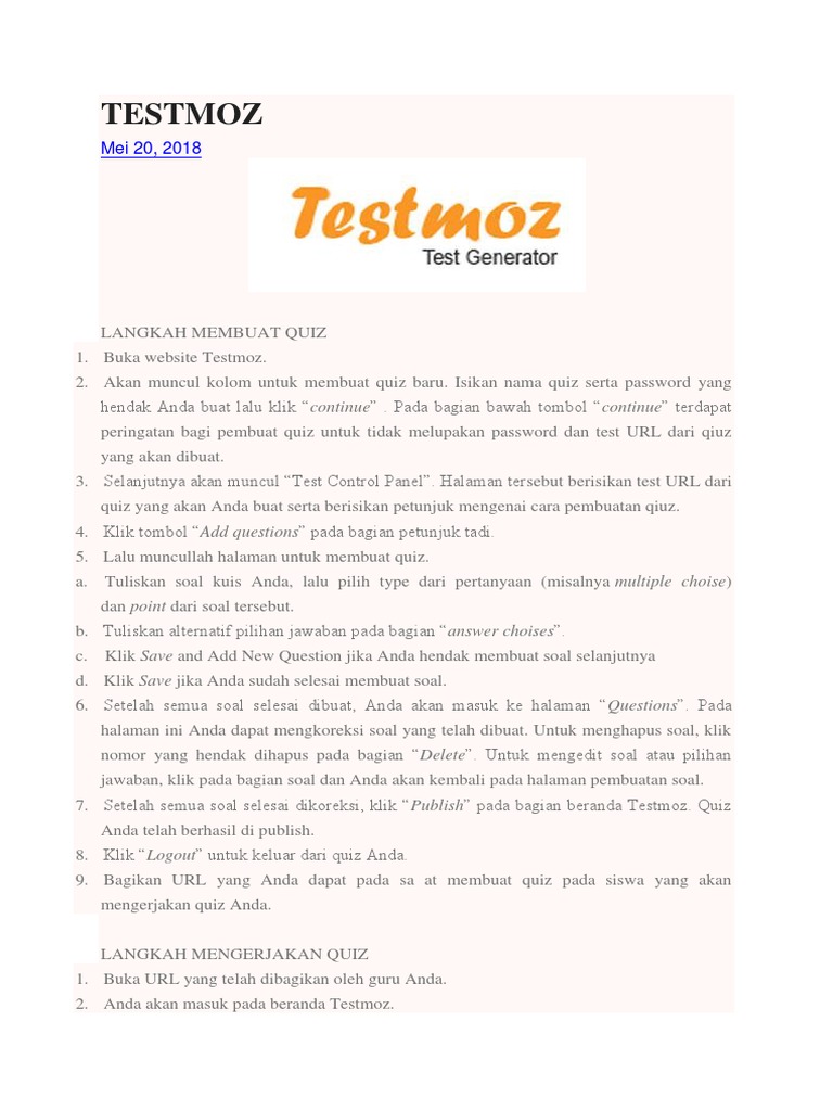 Panduan Pembuatan dan Penggunaan Testmoz | PDF