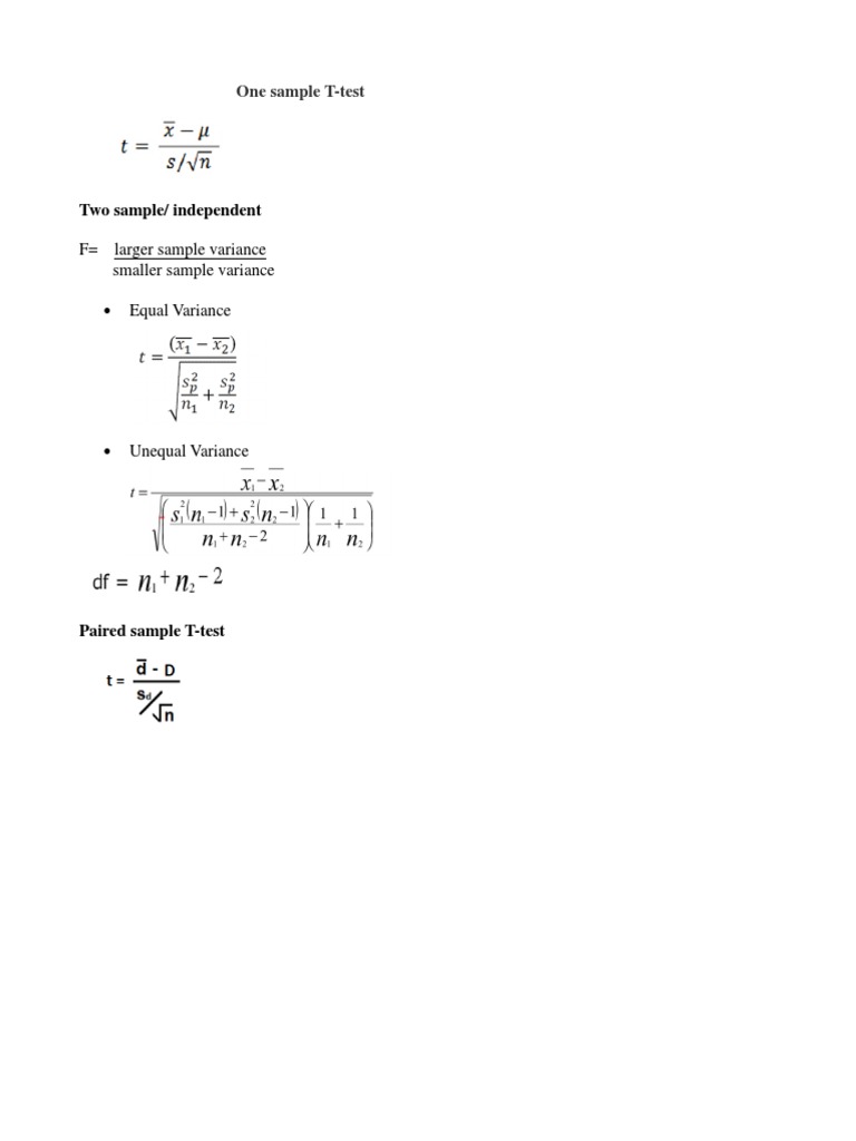 Two Sample/ Independent: F Larger Sample Variance Smaller Sample ...