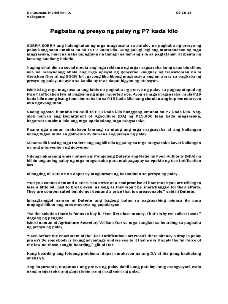 Pagbaba NG Presyo NG Palay Sa P7 Kada Kilo