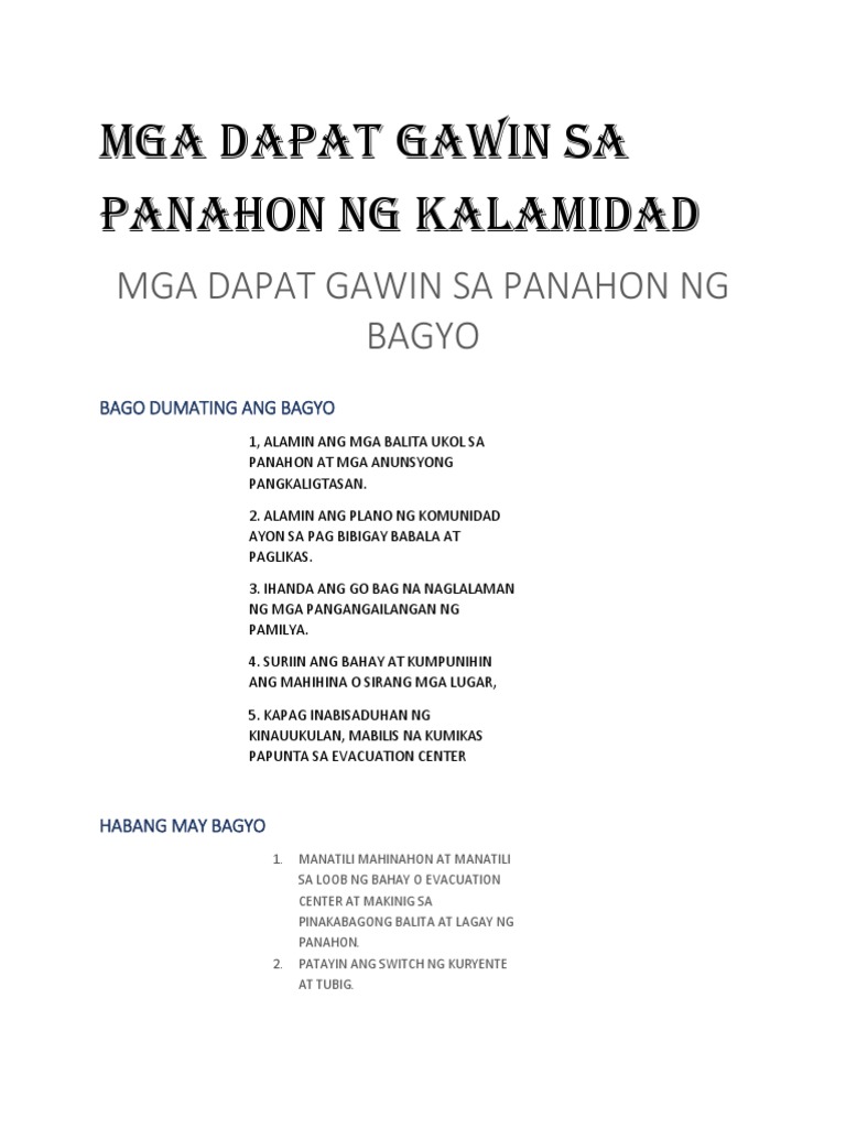 Mga Dapat Gawin Sa Panahon NG Kalamidad | PDF
