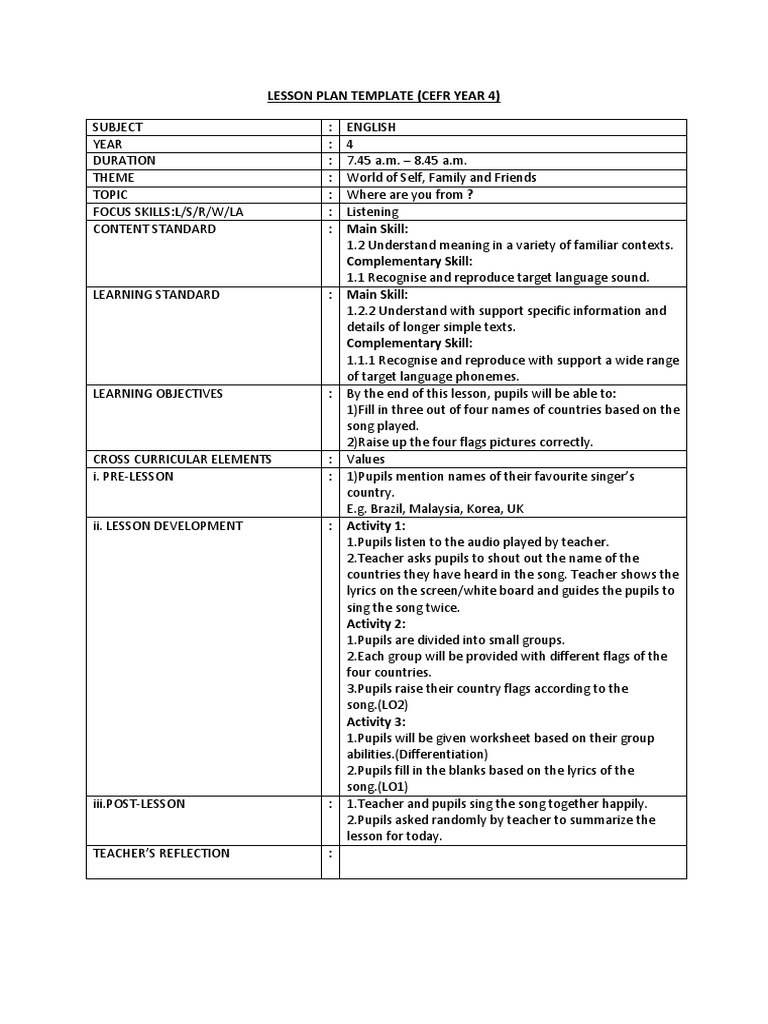 Year 4 CEFR Lesson Plan | PDF | Lesson Plan | Neuropsychology