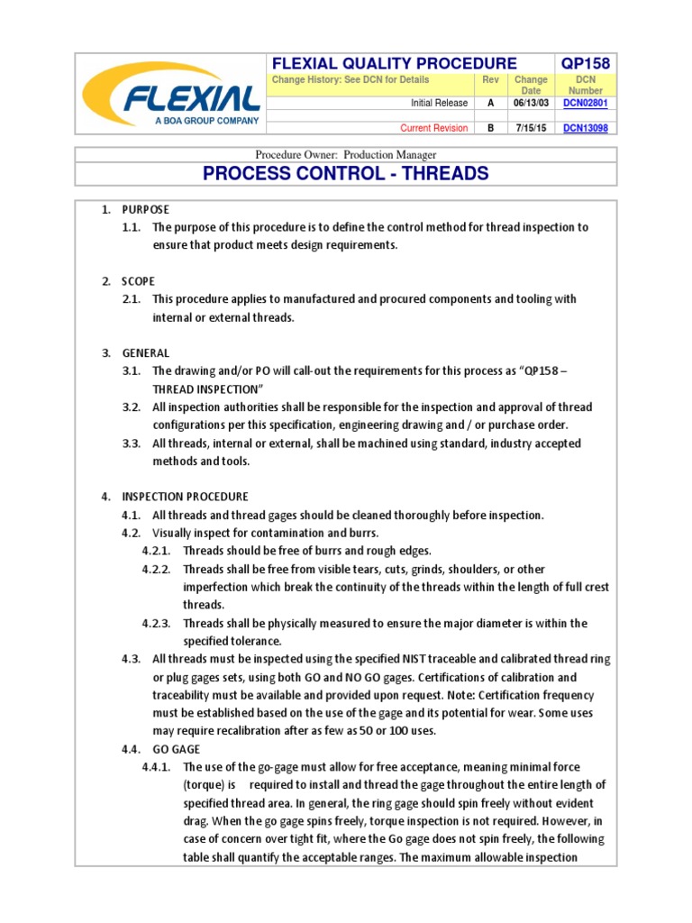Thread Inspection Procedure for Flexial Components | PDF | Calibration ...