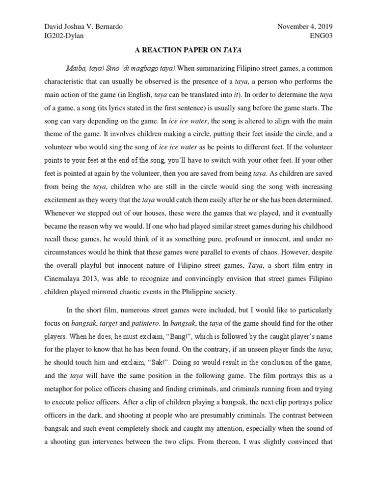 A Reaction Paper On Taya | PDF | Language Arts & Discipline | Art