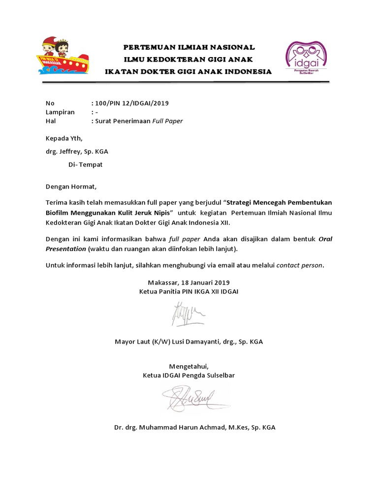 Surat Penerimaan Full Paper PIN IKGA XII | PDF | Kesehatan Holistik