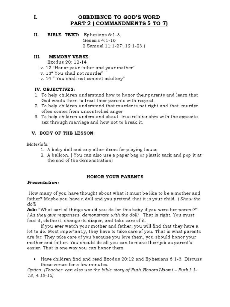 I. Obedience To God'S Word Part 2 (Commandments 5 To 7) : II. BIBLE ...