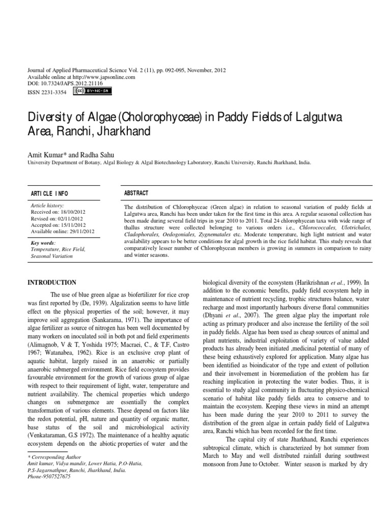 Chlorophyceae Diversity in Paddy Fields | PDF | Algae | Soil