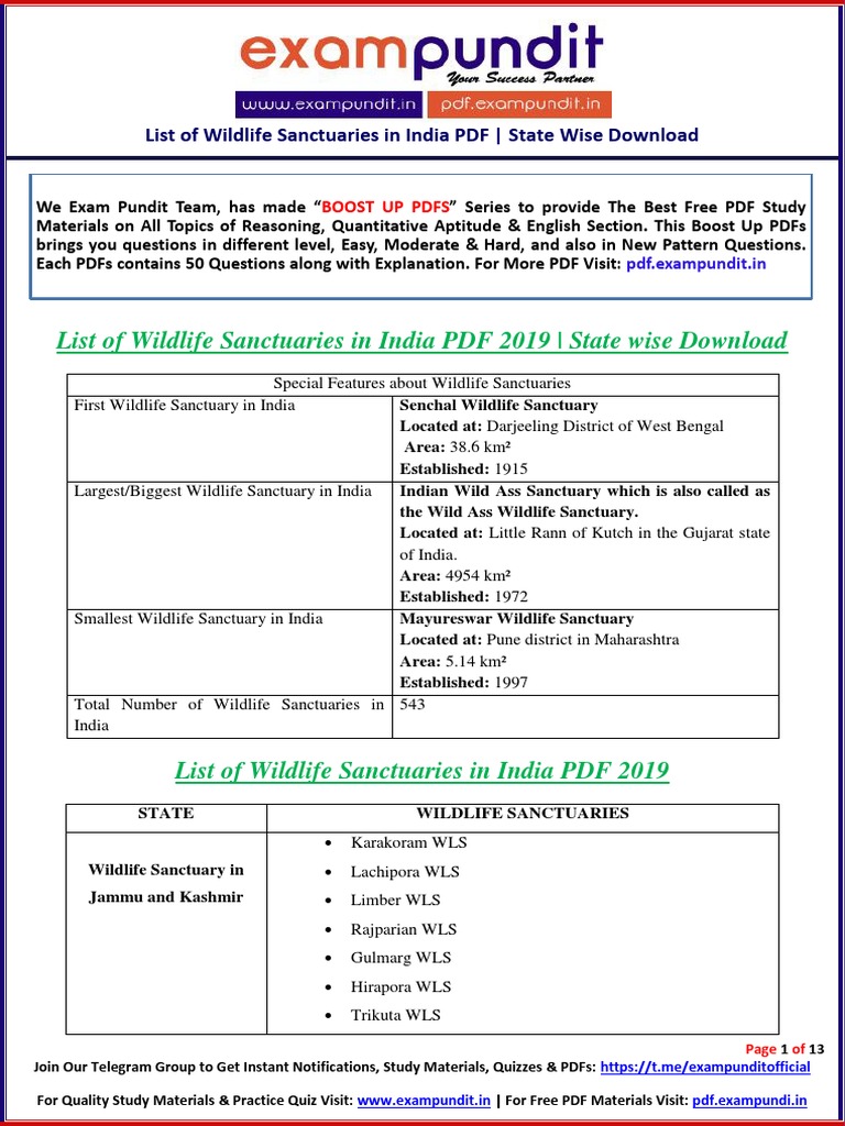List of Wildlife Sanctuaries in India PDF 2019 - State Wise Download | PDF | Nature | Nature