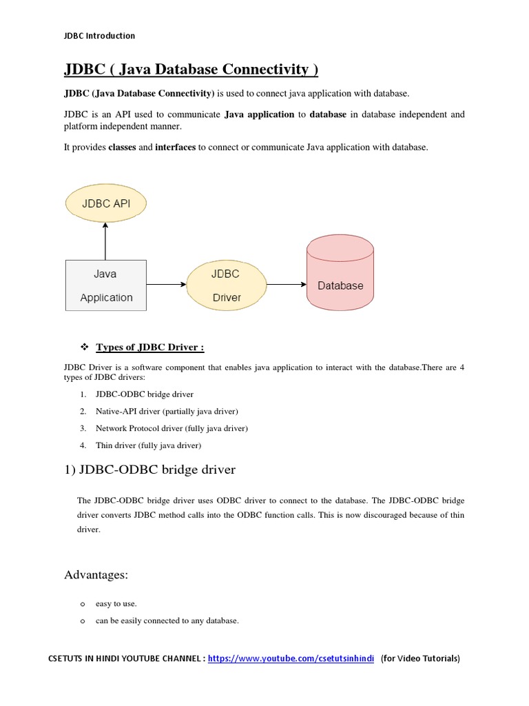 JDBC (Java Database Connectivity) : 1) JDBC-ODBC Bridge Driver | PDF | Areas Of Computer Science ...