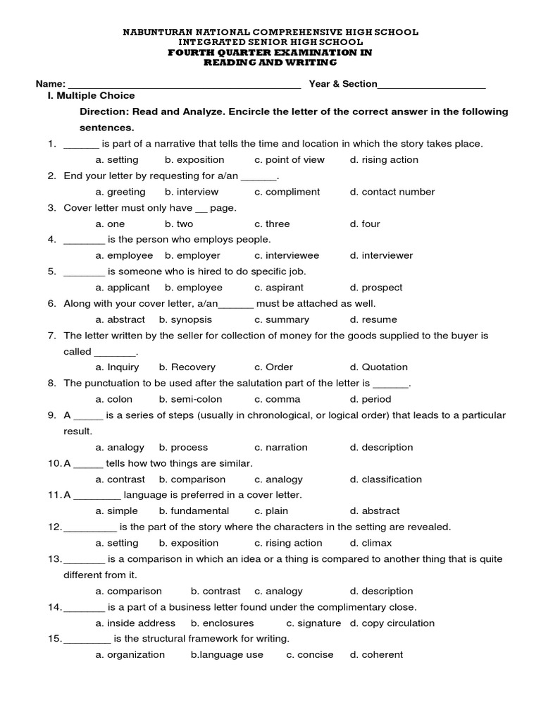 I. Multiple Choice Direction: Read and Analyze. Encircle The Letter of ...