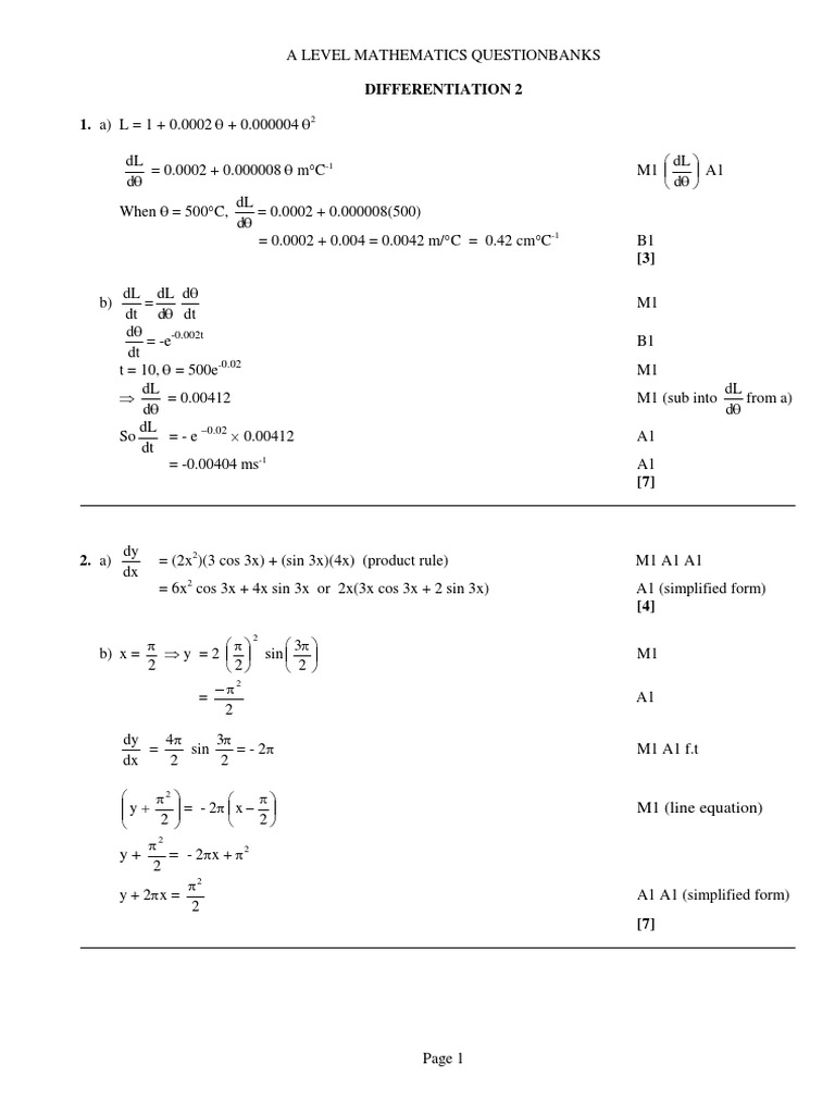 A Level Maths Differentiation Questions | PDF | Trigonometric Functions ...