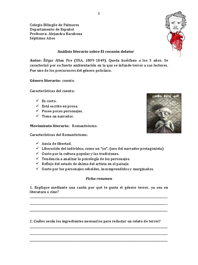 Ficha El Corazón Delator | PDF | Cuentos | Edgar Allan Poe