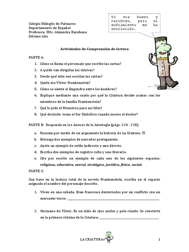 FRankenstein Actividades Comprensión Lectora | PDF | Frankenstein