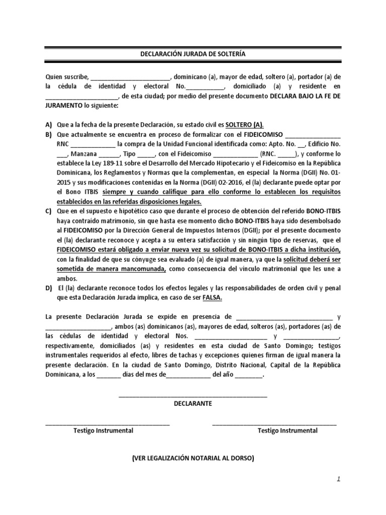 Modelo - Declaración Jurada de Soltería. | Matrimonio | Política