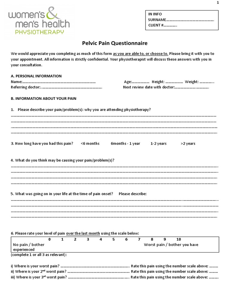 Pelvic Pain Patient Initial Questionnaire | PDF | Health Care | Medical ...