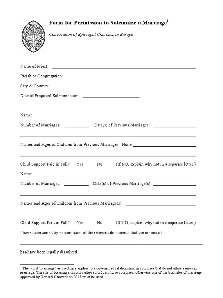Form For Permission To Solemnize A Marriage: Convocation of Episcopal ...
