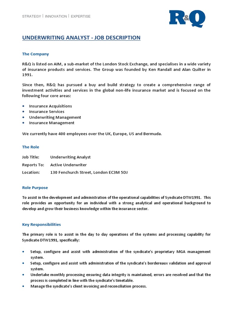 Underwriting Analyst July 2016 | PDF | Underwriting | Insurance