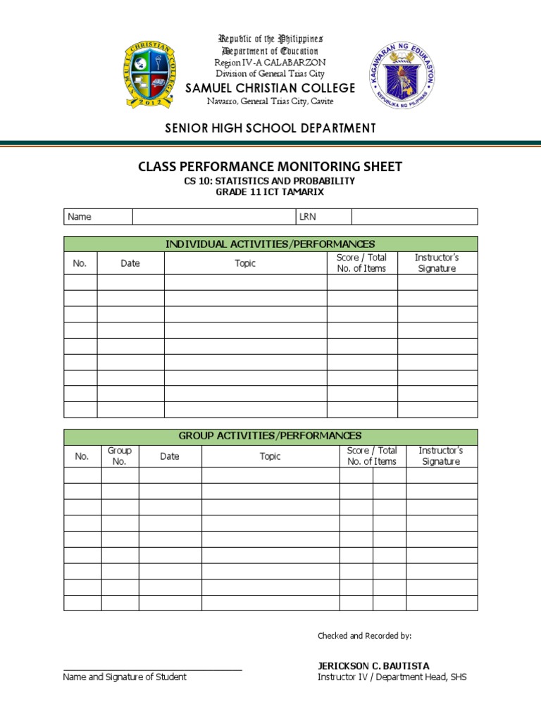 Class Performance Monitoring Sheet: Samuel Christian College Senior ...