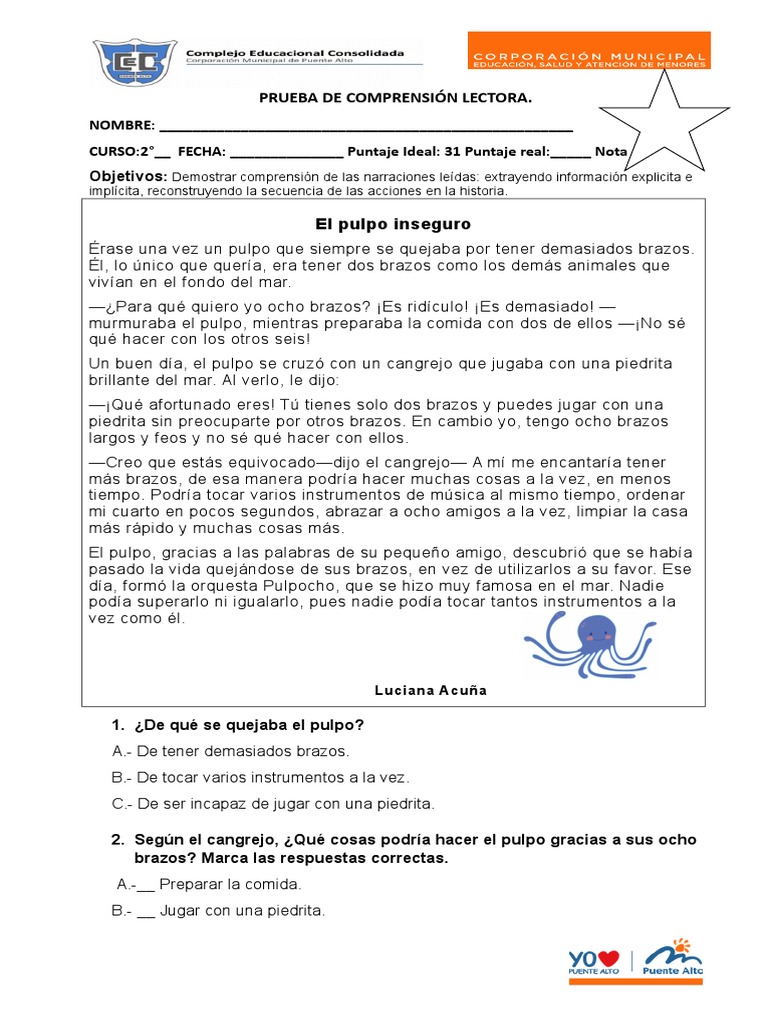 Prueba de Comprensión Lectora | PDF | Pulpo | Juguetes