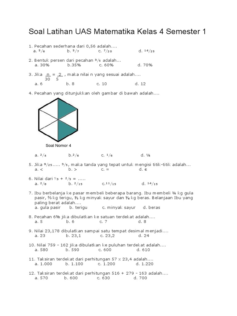 Soal Latihan UAS Matematika Kelas 4 Semester 1 | PDF