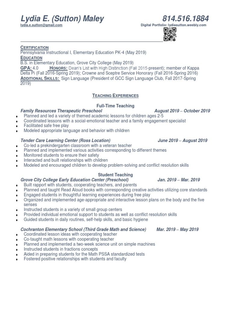 Lydia Maley Resume Oct | PDF | Preschool | Teachers
