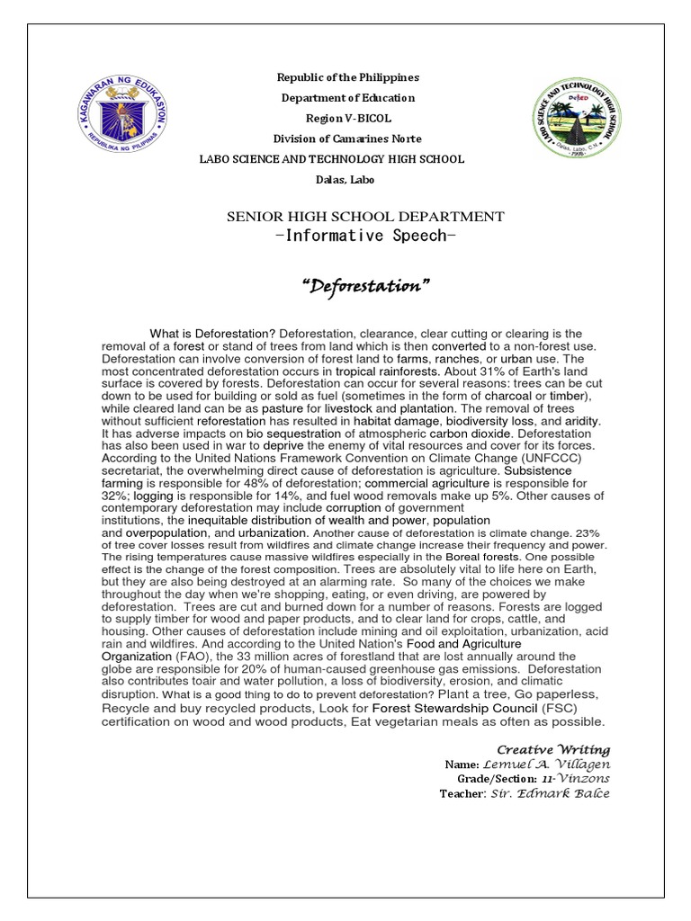 Informative Speech-"Deforestation": Senior High School Department ...