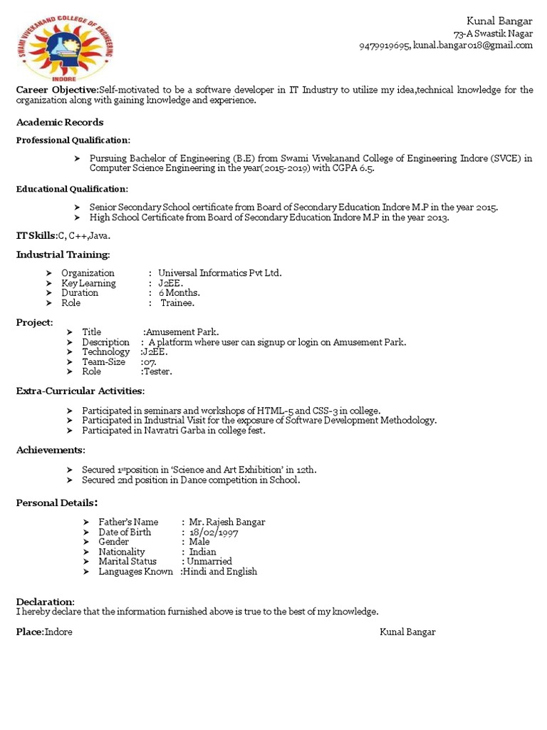 Resume of Kunal Bangar | PDF | Engineering | Cognition