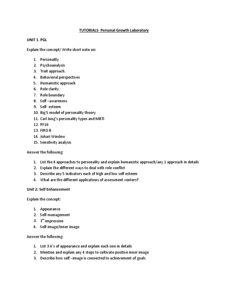 TUTORIALS-Personal Growth Laboratory Unit 1. PGL | PDF | Personality ...