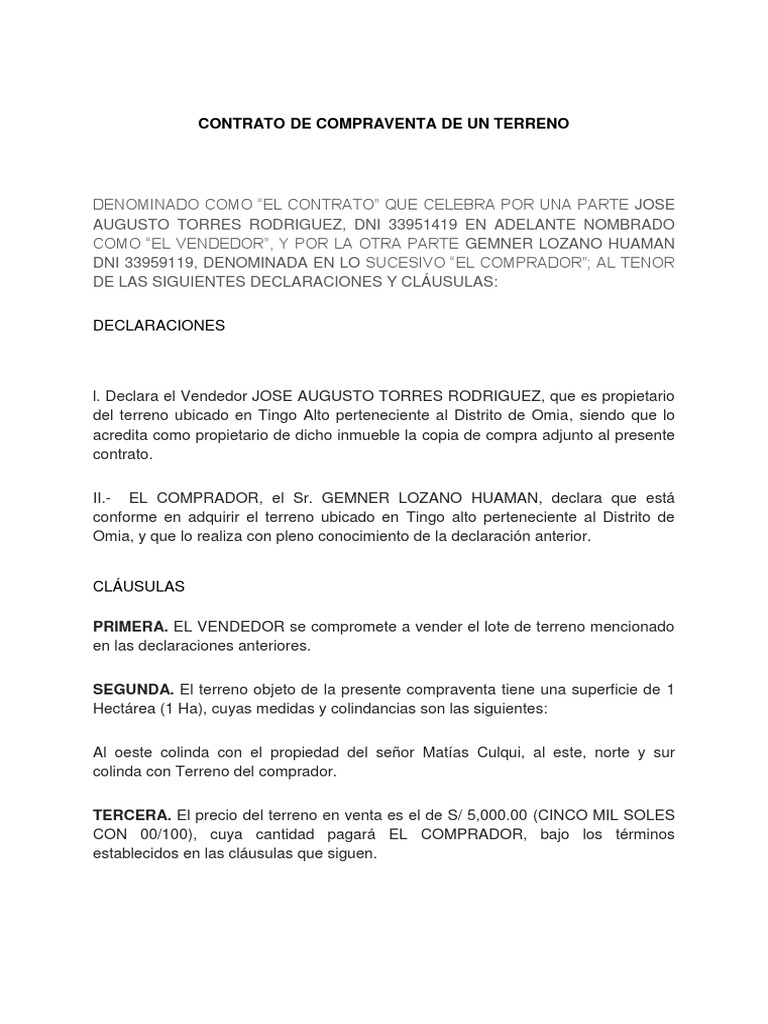 Formato de Contrato de Compraventa de Terreno