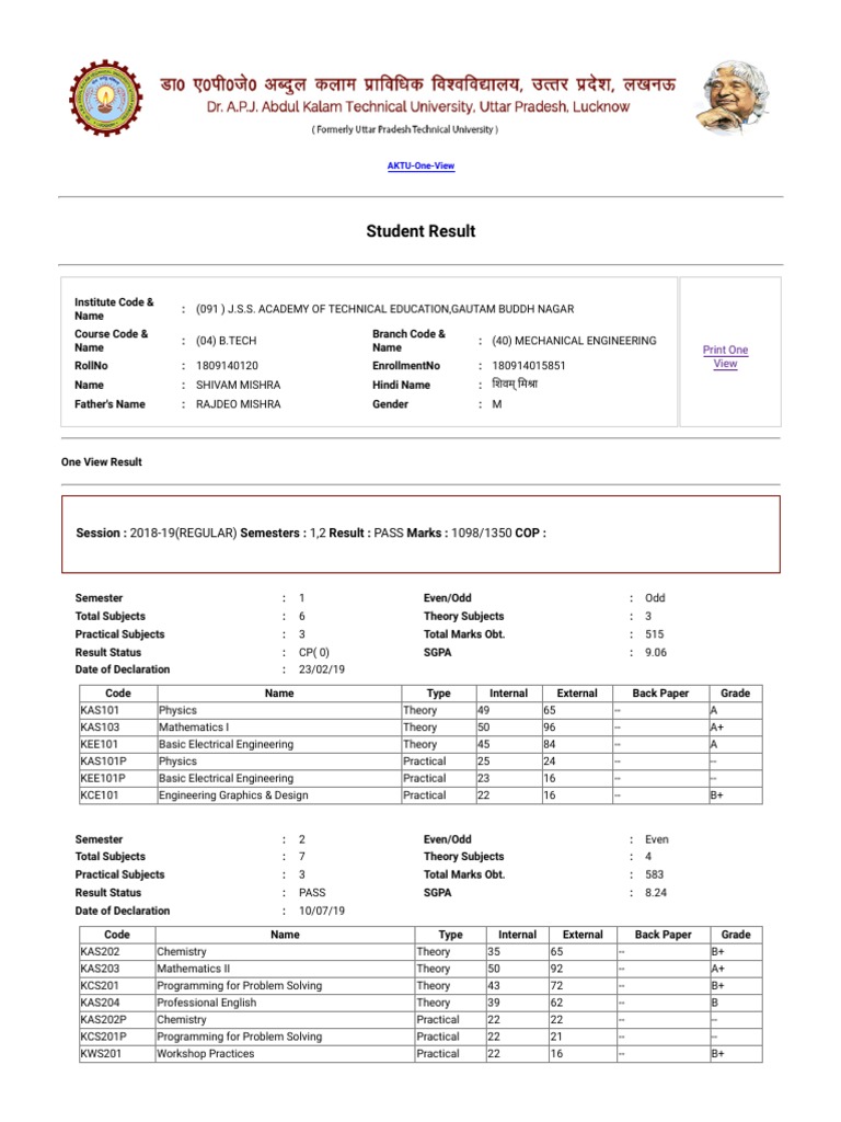Student Result: Session: 2018-19 (REGULAR) Semesters: 1,2 Result: PASS ...