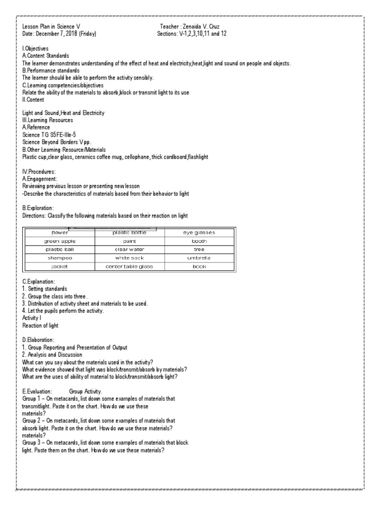 Light and Sound: 4th Grade Lesson Plan | PDF | Science & Mathematics