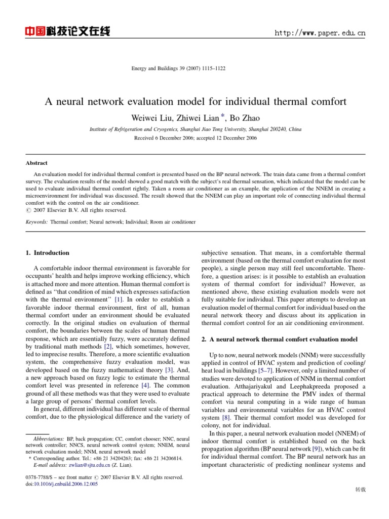 A Neural Network Evaluation Model For Individual Thermal Comfort | PDF ...
