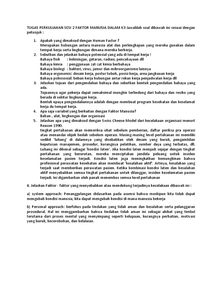 TUGAS PERKULIAHAN SESI 2 FAKTOR MANUSIA DALAM K3 Jawablah Soal Dibawah Ini Sesuai Dengan ...
