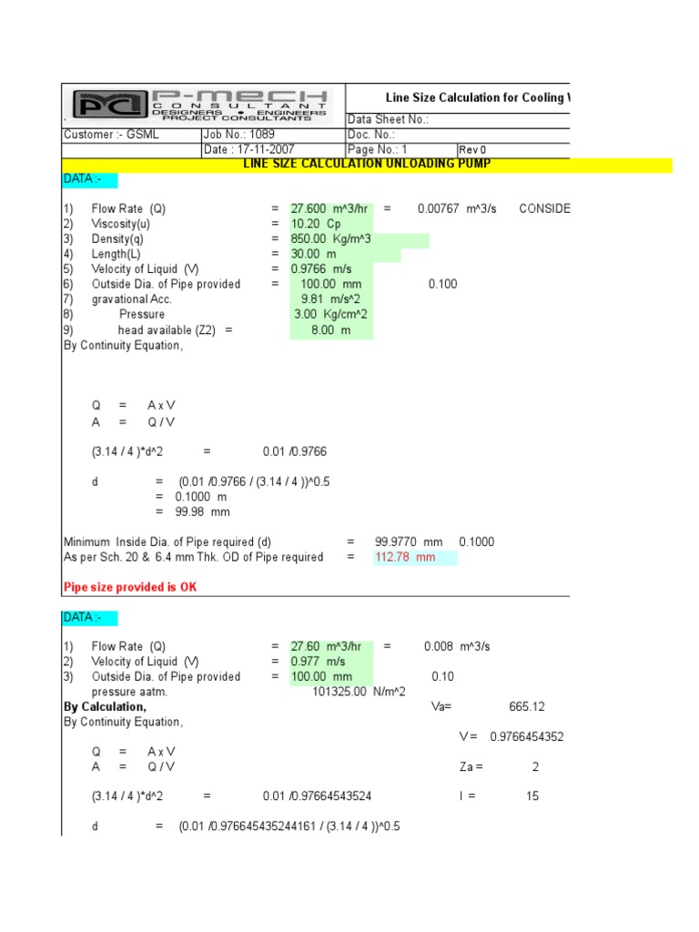 Line Size Calculation For Cooling Water Pipes: Pipe Size Provided Is OK ...