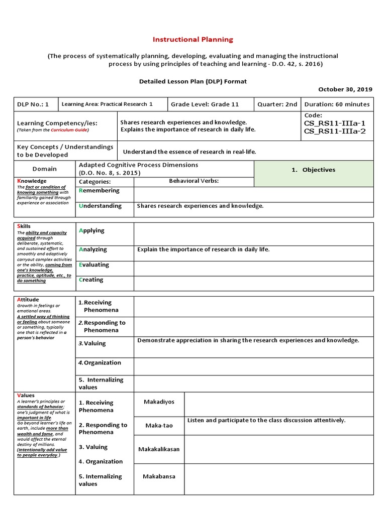 Instructional Planning: Detailed Lesson Plan (DLP) Format October 30 ...