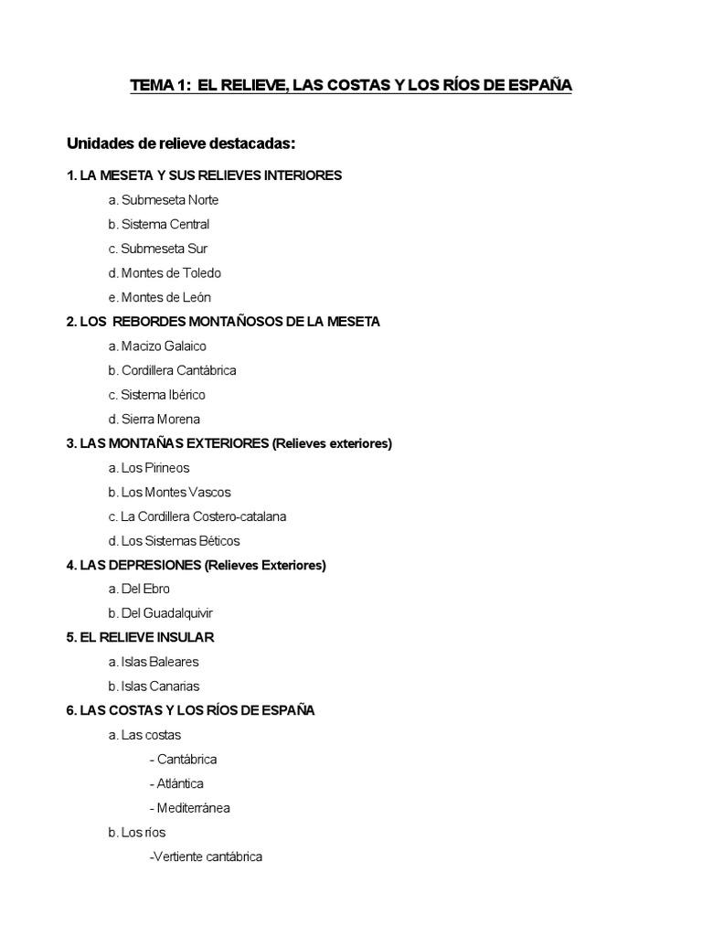 TEMA 1. El Relieve, Las Costas y Los Ríos de España | Descargar gratis PDF | Río | Divisiones ...