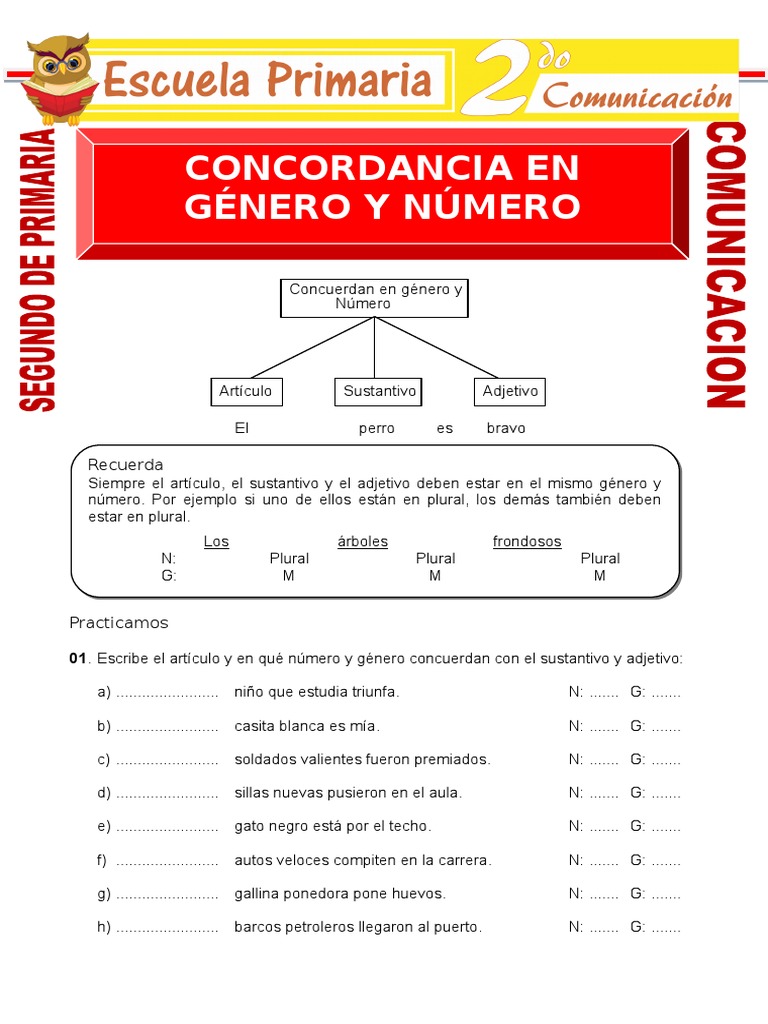Concordancia en Genero y Numero para Segundo de Primaria | PDF ...