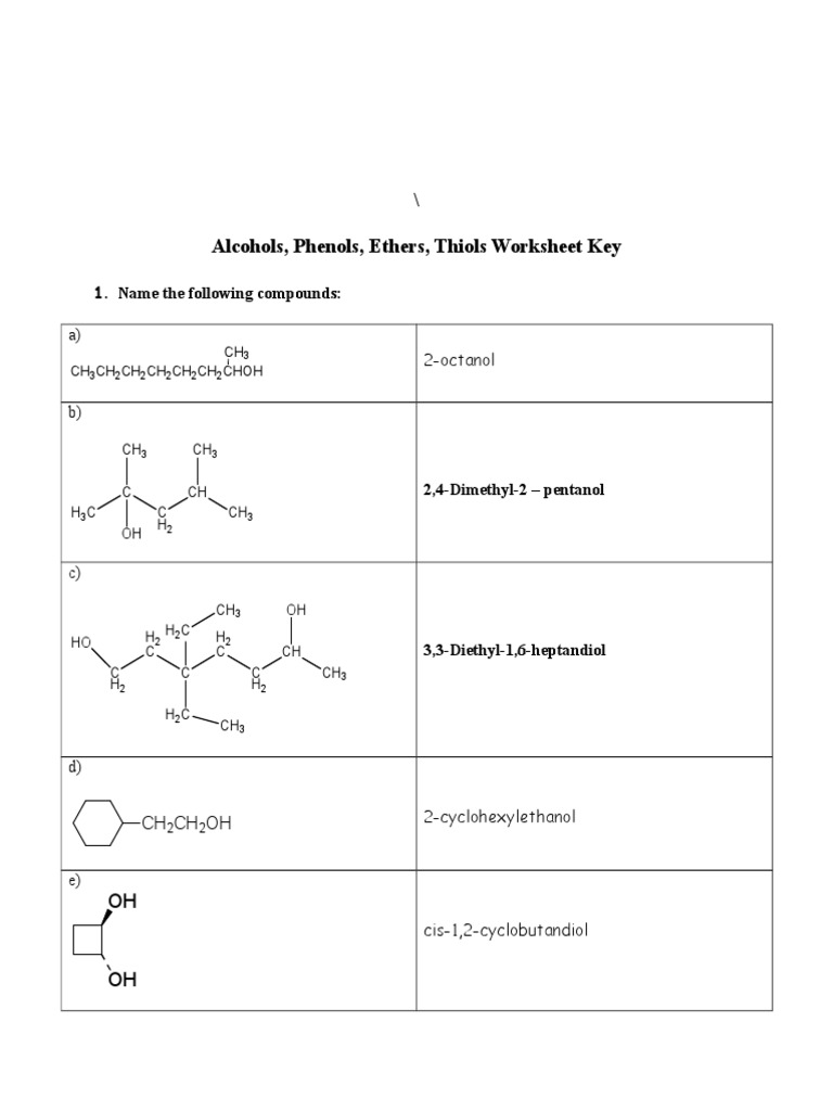 11 - Alcohol Ethers Thiols Wks Key | PDF | Ether | Methanol