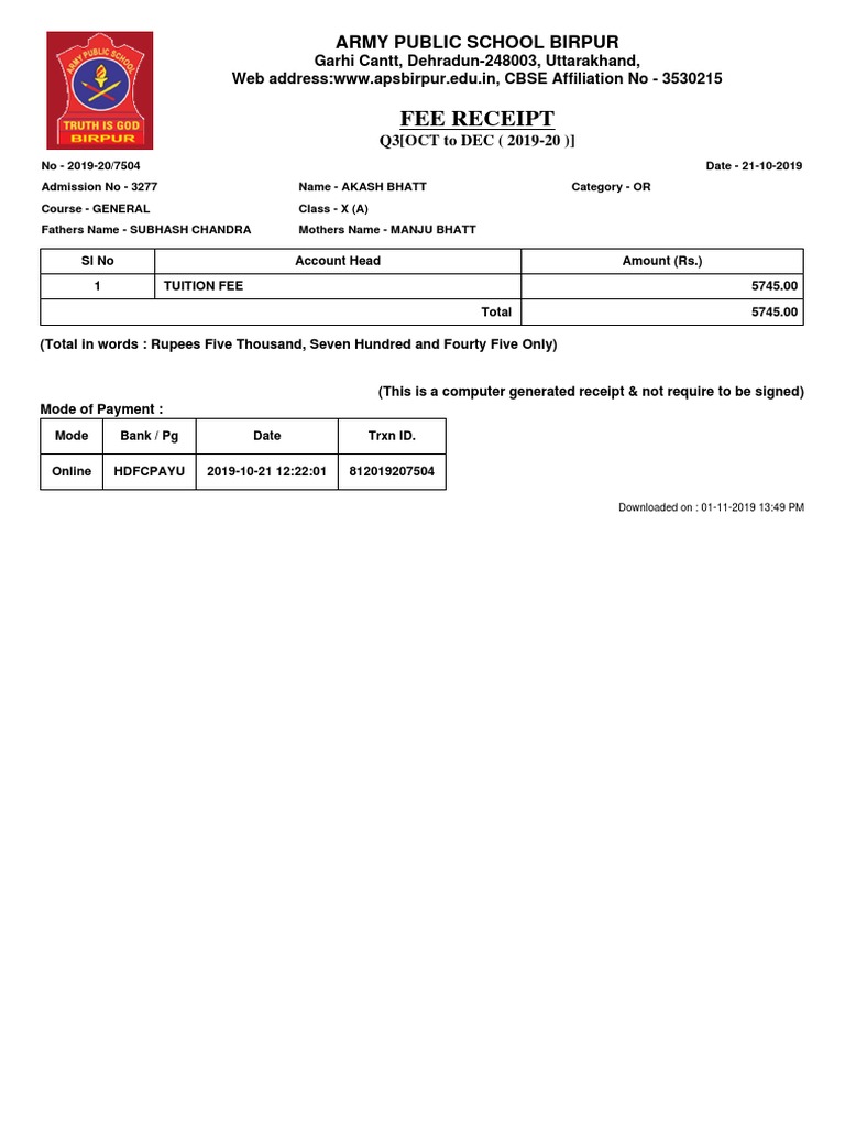 Fee Receipt: Army Public School Birpur | PDF