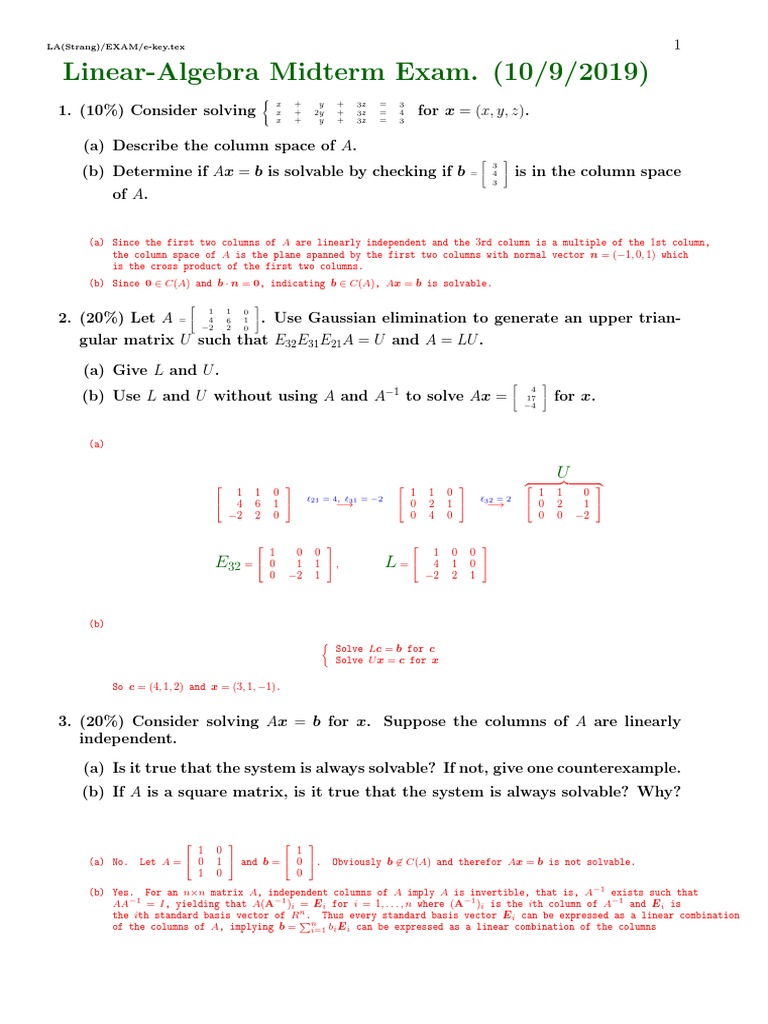 Linear Algebra Midterm Exam Key: Solutions and Explanations for Problems on Solving Systems of ...