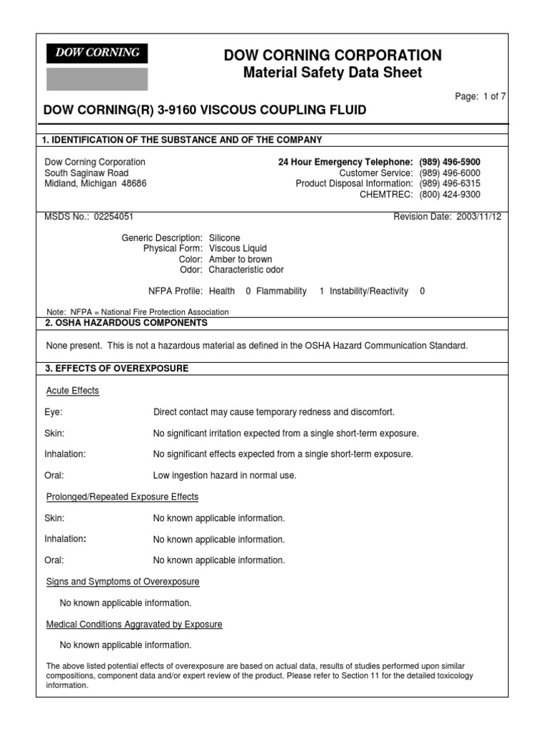 Dow Corning Corporation Material Safety Data Sheet | PDF | Dangerous ...
