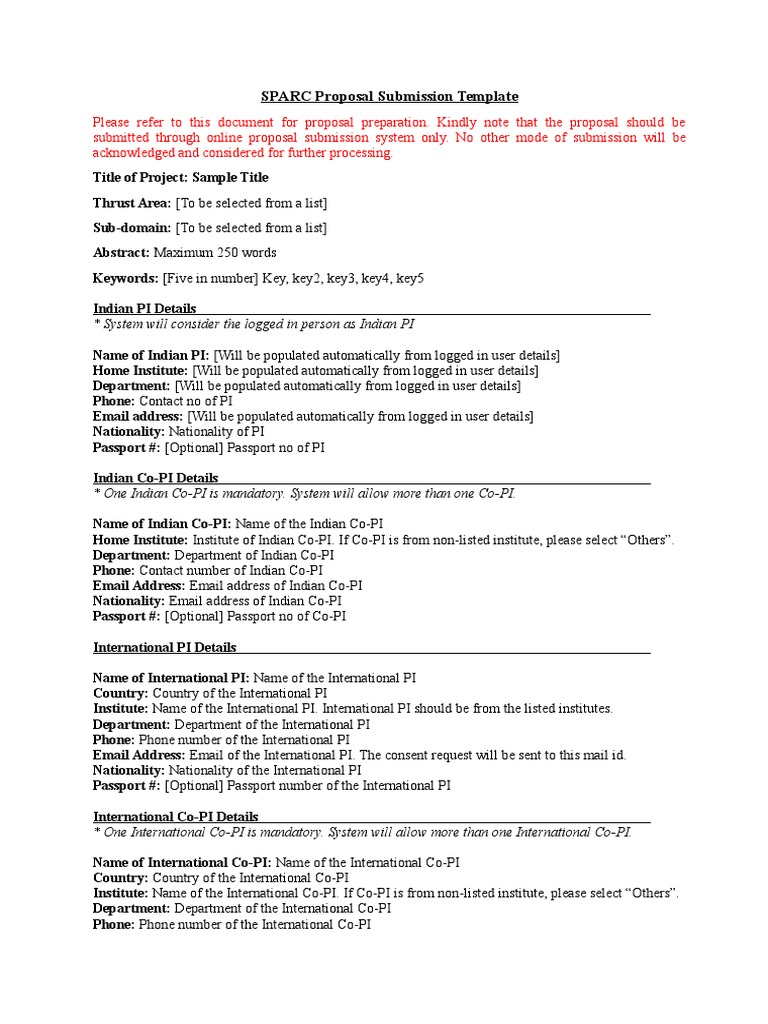 SPARC Proposal Submission Template: System Will Consider The Logged in Person As Indian PI | PDF ...