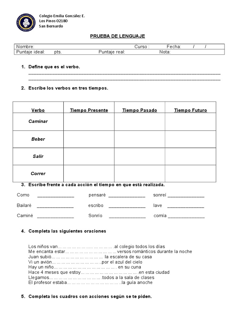 Prueba de Verbos | PDF | Verbo | Mecánica del lenguaje