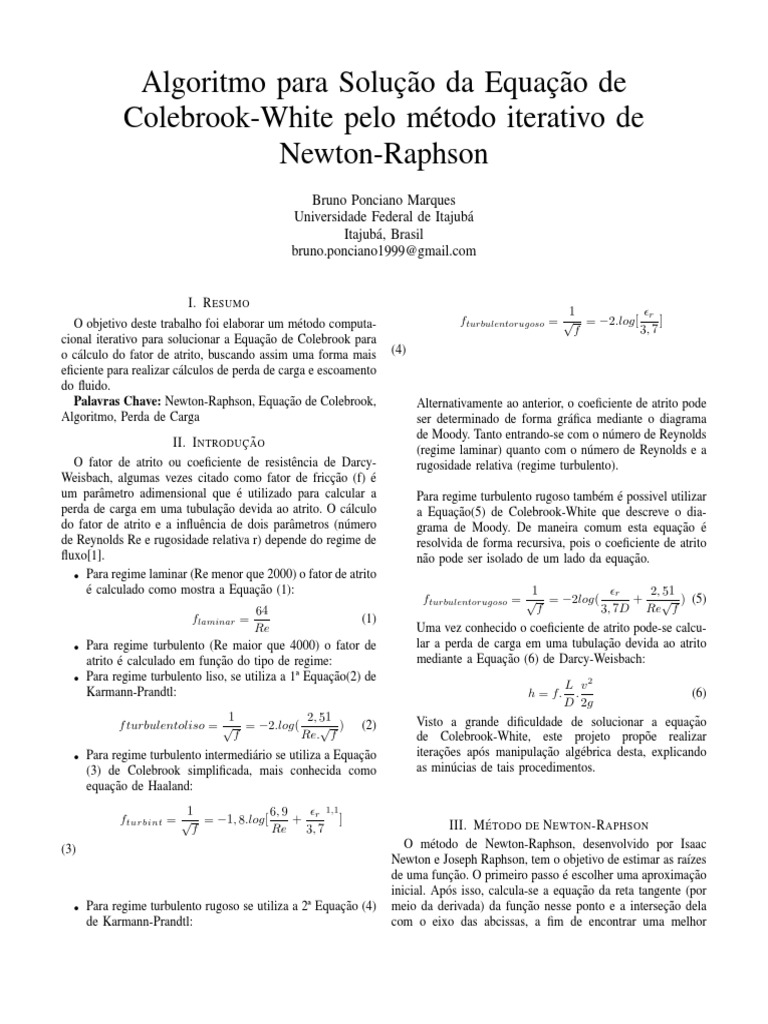 Algoritmo para Equação de Colebrook - Newton Raphson | PDF | Equações ...