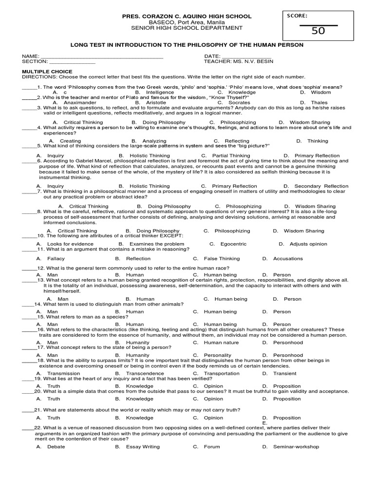 Philo Long Test 1 Pdf Fallacy Critical Thinking
